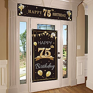 PAKBOOM Happy 75th Birthday Door Cover Porch Banner Sign Set - 75 Years Old Birthday Decorations Party Supplies for Men - Black Gold