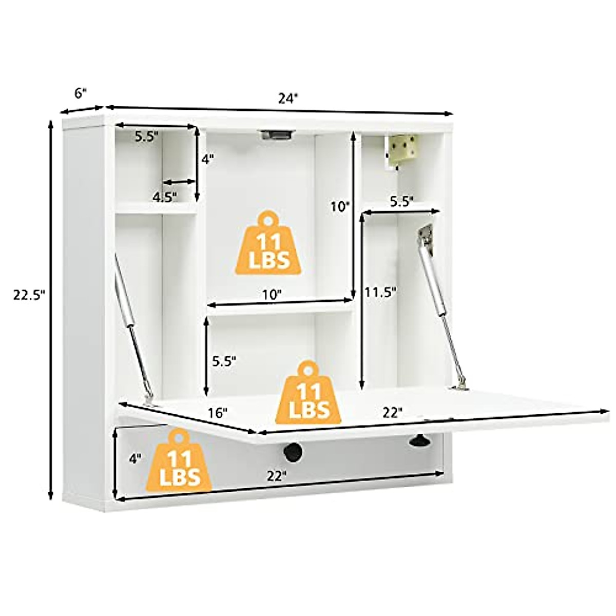 COSTWAY Wall-Mounted Computer Desk, Floating Desk with Storage Drawer & Shelves, Fold-up Desktop & Pneumatic Springs, Ideal for Home, Office, Dormitory, Small Spaces (White)