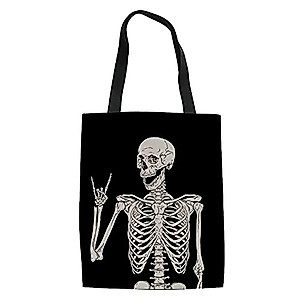 INSTANTARTS Rock Roll Skull Skeleton Bone Love Canvas Tote Shoulder Bag Halloween Style Shopping Casual Handbag Travel Totes