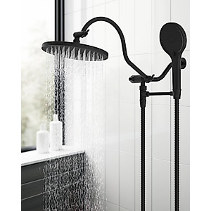 Hibbent Self-cleaning Shower Head, 10'' High Pressure Rainfall Shower Head, Showerhead Combo/Handheld Shower Head, 12'' Adjustable Curved Shower Extension Arm, 71'' Hose, 2 Shower Holders, Matte Black