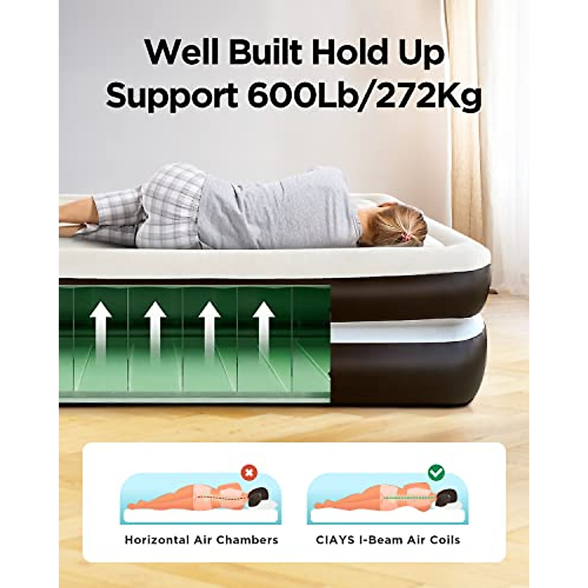 Ciays Air Mattress Queen with Built-in Pump, Double High Blow Up Mattress with Carrying Bag, Inflatable Air Bed for Guests, Family, Brown