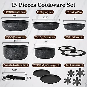 SODAY 15Pcs Pots and Pans Set Non Stick, Cookware Sets with Detachable Handle, Nonstick RV Kitchen Cooking Set Removable Handles, Oven Safe, Induction Fast, Stackable Non-stick Set, Black