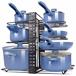 Almcmy Pan Organizer Rack,Pot Rack with 3 DIY Methods,Adjustable Pots and Pans Organizer with 8 Tiers,Heavy Duty Pot Organizer for Kitchen Organization Storage,Send a Cleaning Cloth