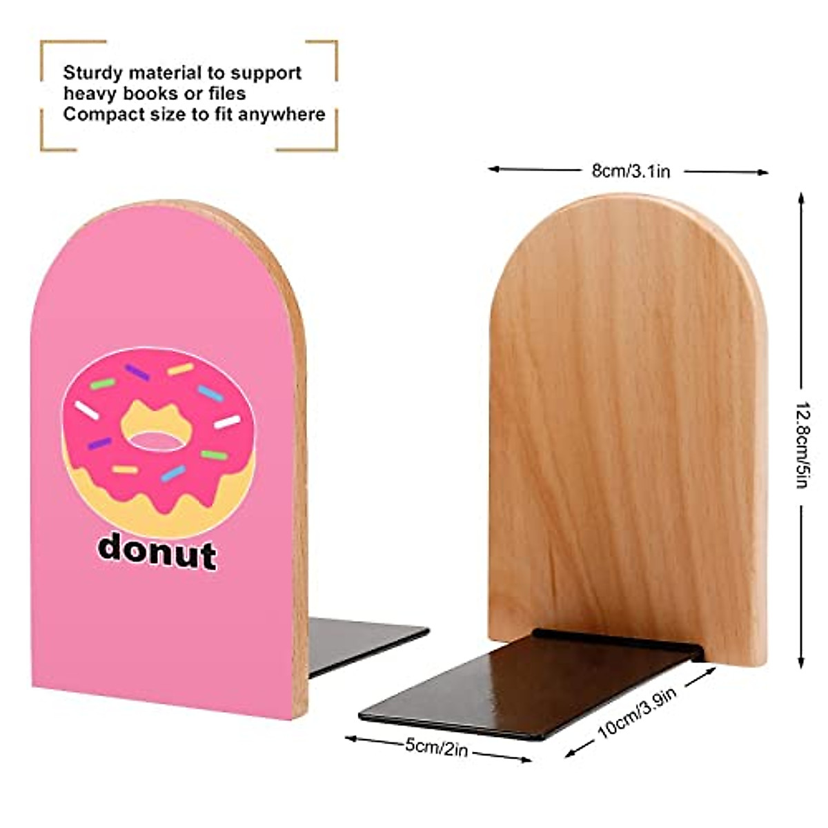 Cartoon Donut Wood Book Ends for Shelves Non-Skid Bookend Book Stand Book Holder Stopper for Home Office School