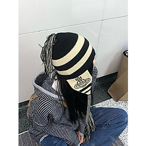 CEINOM Anime Cosplay Beanies Hats Girl Women Tassel Ear Protection hat Warm Cap Grunge Accessories Slouchy Beanies for Women (Black,One Size)