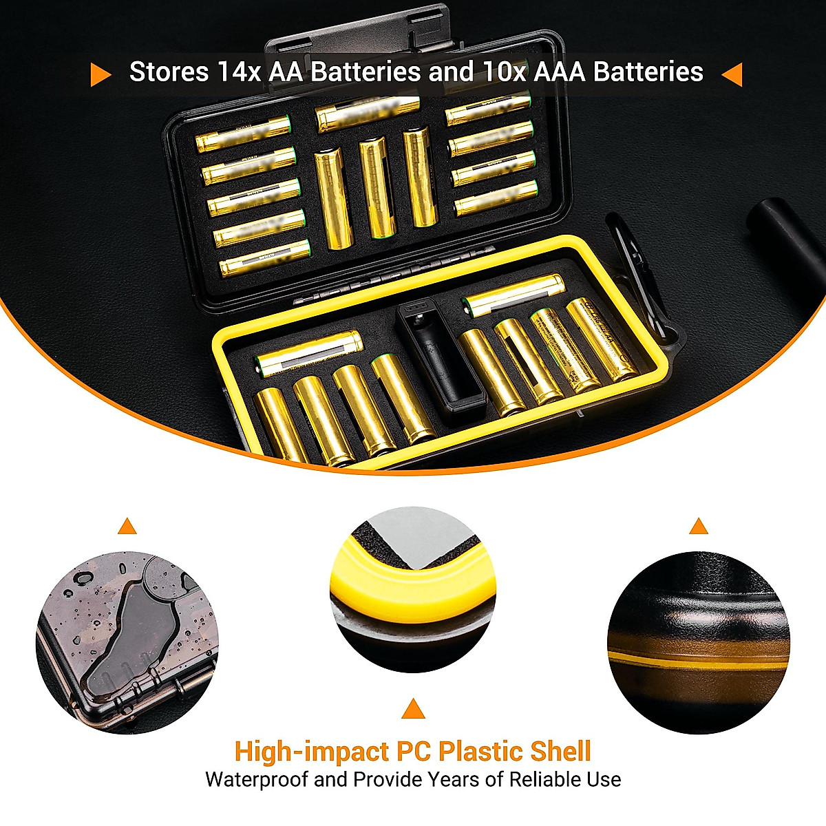 KIWIFOTOS AA AAA Battery Storage Case Holder with Detachable Battery Tester Checker, Hard Shell Battery Organizer Container for 14 Double A & 10 Triple A Battery, Water-Resistant and Shockproof