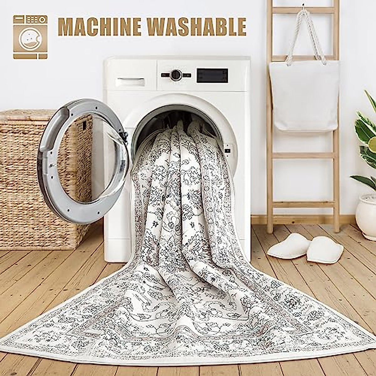 Area Rug Living Room Rugs - 5x7 Machine Washable Soft Farmhouse Boho Moroccan Floral Thin Rug Indoor Floor Carpet for Bedroom Under Dining Table Home Office Decor - Brown