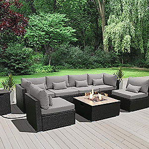 Sunpeak Fire Table Set Sectional Outdoor Furniture Propane Firepit Dark Brown Rattan Multi Colors Outdoor Sofa Set (a Light Gray Square Table)