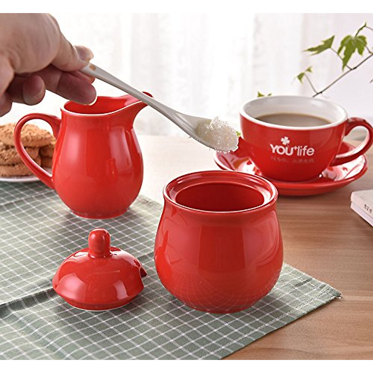 Ceramic Colorful Creamer and Sugar Set with Lid Spoon, Coffee Serving Set