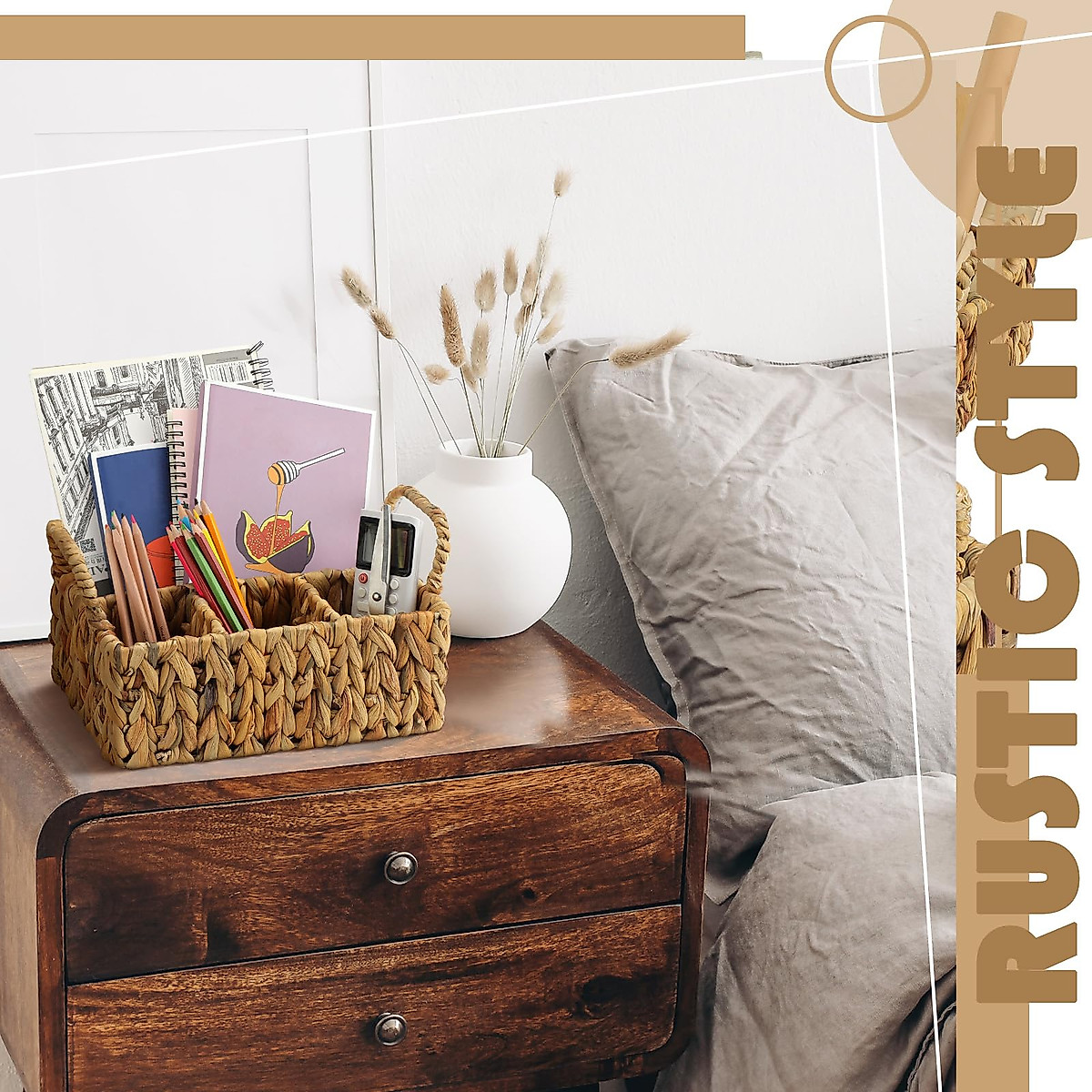 Wicker Flatware Storage Basket Utensil Caddy Hand Woven Divided Cutlery Holder Kitchen Utensil Organizer Water Hyacinth Silverware Organizer with Handle for Countertop Party, 10 x 7.9 x 3.9 Inch