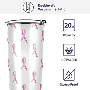 20oz Tumbler Bottle with Lid and Straw Pink Ribbon Pattern National Breast Insulated Coffee Ice Cup Vacuum Stainless Steel Shaker Bottle Travel Mug Water Cup Gifts