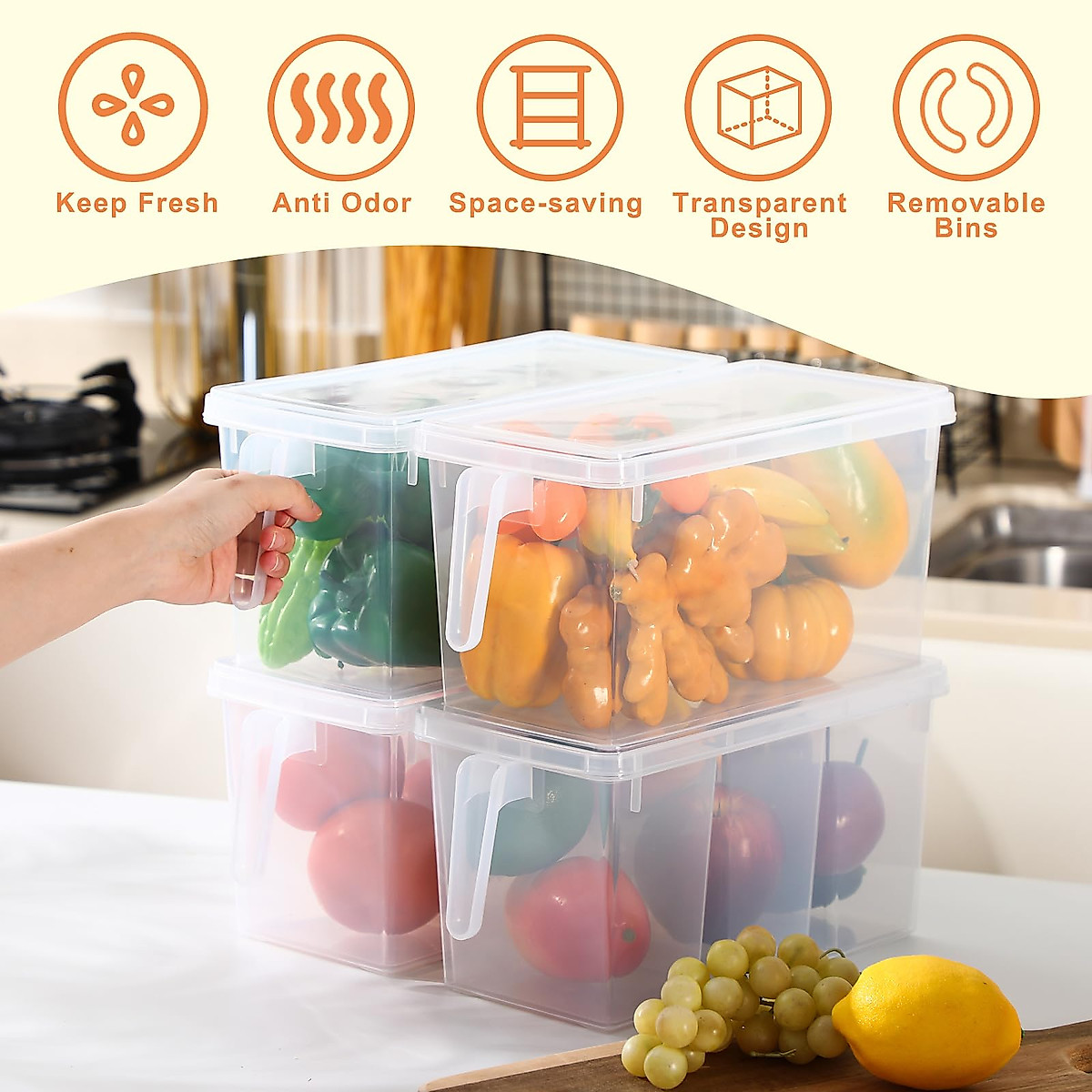 Quzzil 8 Pcs Fridge Organizer Refrigerator Organizer Bins with Lids and Handle Clear Fruit Storage Containers for Fridge Vegetable, Egg, Meat (Divided and Normal Style)