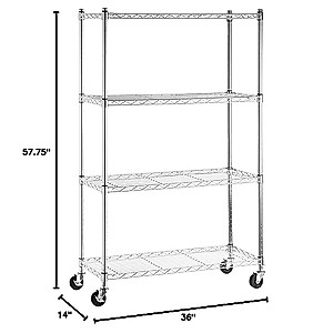 Amazon Basics 4-Shelf Adjustable, Heavy Duty Storage Shelving Unit on 3'' Wheel Casters, Metal Organizer Wire Rack, Chrome, 36" L x 14" W x 57.8" H