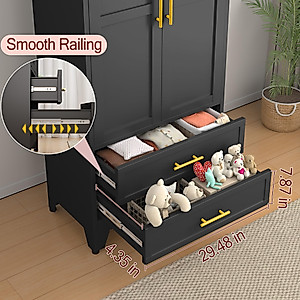 Metal Wardrobe Closet with 2 Doors & 2 Drawers, 71" Tall Armoire Wardrobe Closet with Hanging Rods and Adjustable Shelf, Steel Wardrobe Storage Cabinet for Bedroom-Black