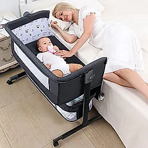 Baby Bassinet Bedside Sleeper Bedside Baby Crib - Portable Baby Bed with Wheels,Newborn Bedside Bassinet with Storage Basket,Co-Sleeping Crib with Mattress for Infant,Breathable Mesh,Easy Assemble
