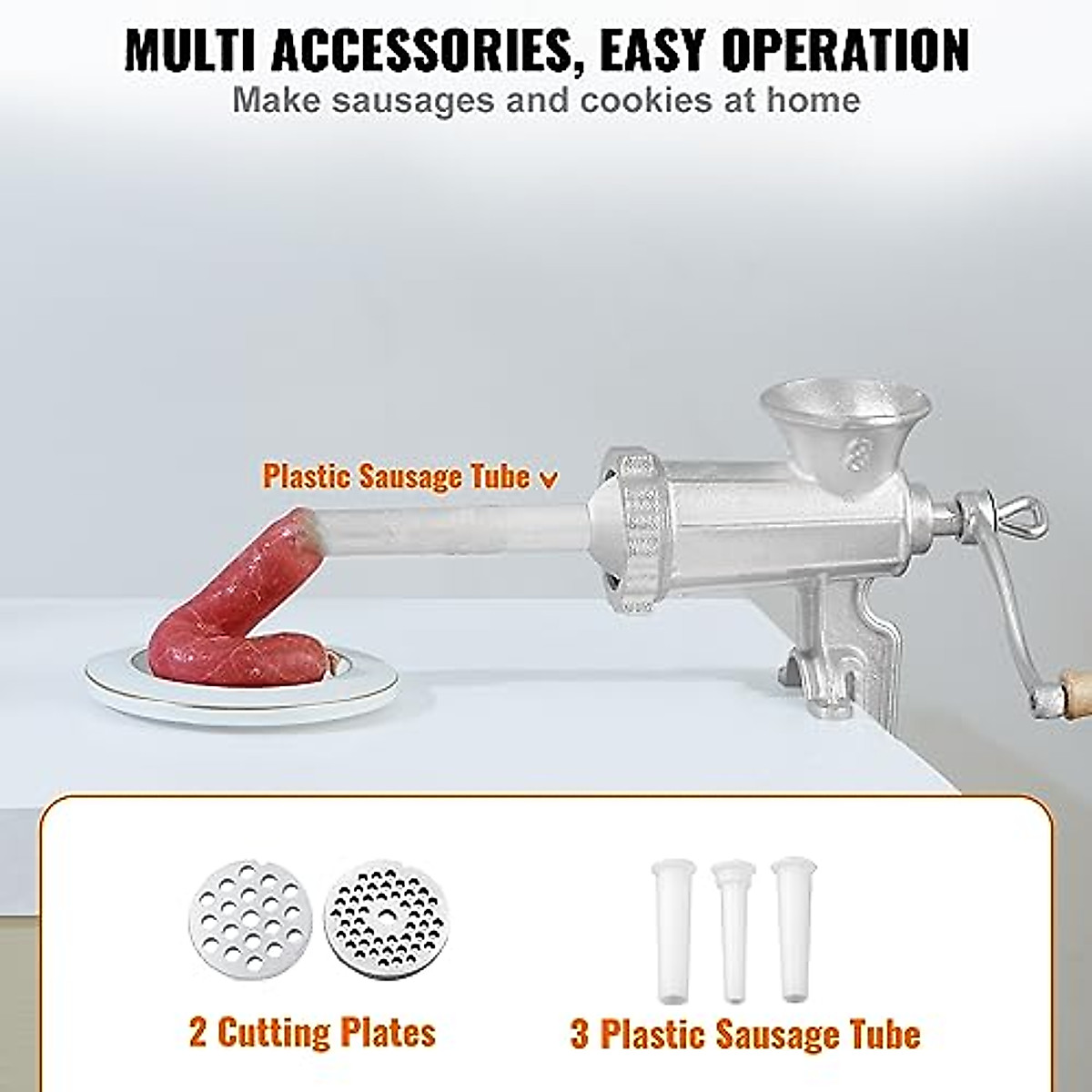 VEVOR Manual Meat Grinder, Heavy Duty Cast Iron Hand Meat Grinder with Steel Table Clamp, Meat Mincer Sausage Maker with 1 Cutting Blade, 2 Cutting Plates, 3 Sausage Tubes for Beef Pepper Mushroom