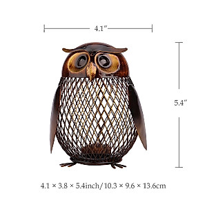 Tooarts Owl Shaped Metal Coin Bank Box Handwork Crafting Art