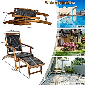 Tangkula Acacia Wood Folding Chaise Lounge Chair, Patiojoy Outdoor Foldable Deck Chair, Portable Wicker Lounger with Retractable Footrest, Collapsible Armchair Ideal for Garden, Poolside, Courtyard