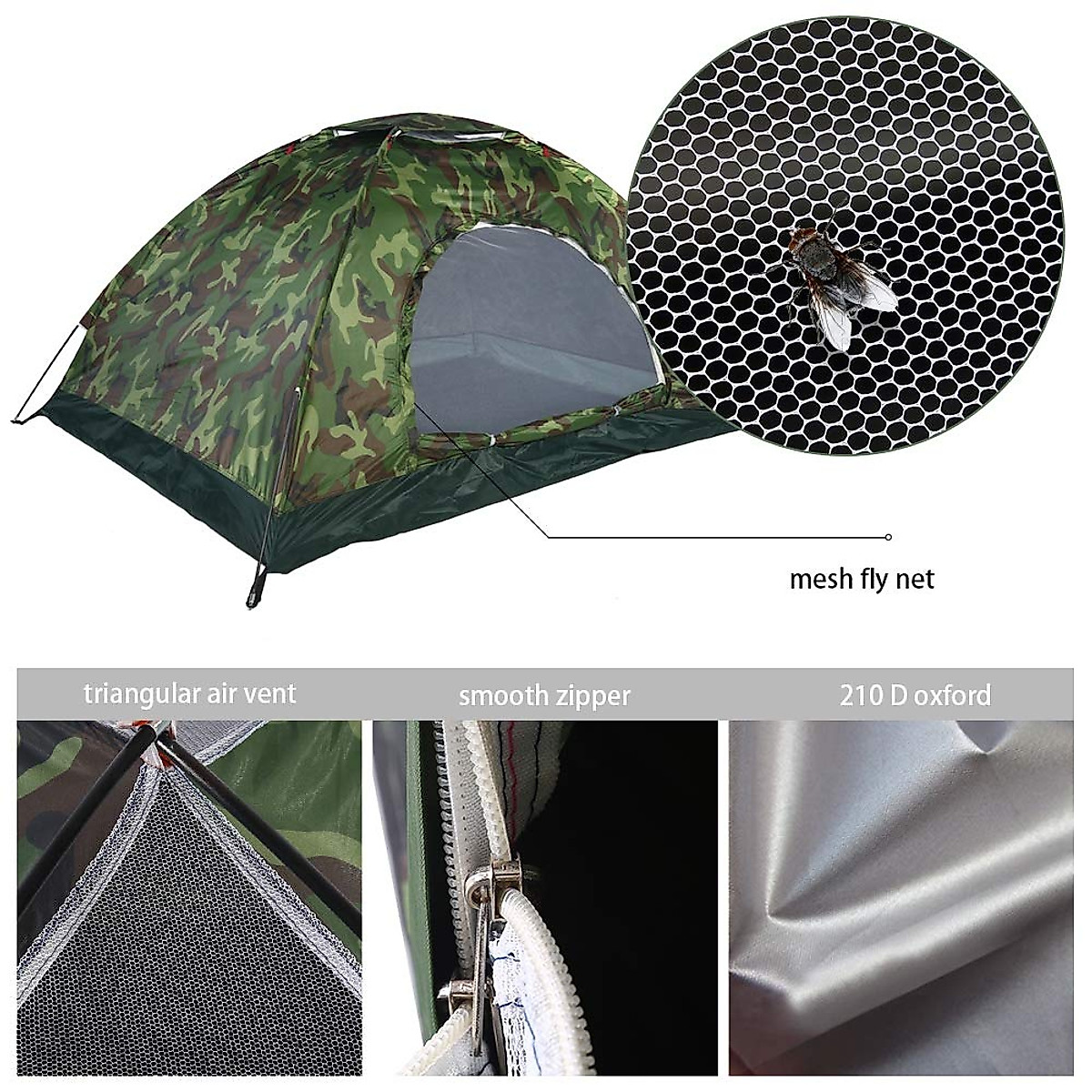 Outdoor Tent, 2 Persons 40 UV Protection Tent Waterproof Camouflage Portable Tent for Camping Hiking and Spare Parts