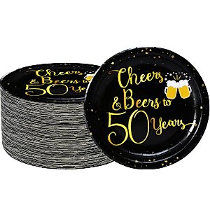 50Pcs 50th Birthday Plates 50th Birthday Party Supplies 7"50th Dessert Plate Cheers to 50 Years Cake Plates for Cheers & Beers Black Gold Theme 50th Birthday Anniversary Whiskey Party Decoration(50th)