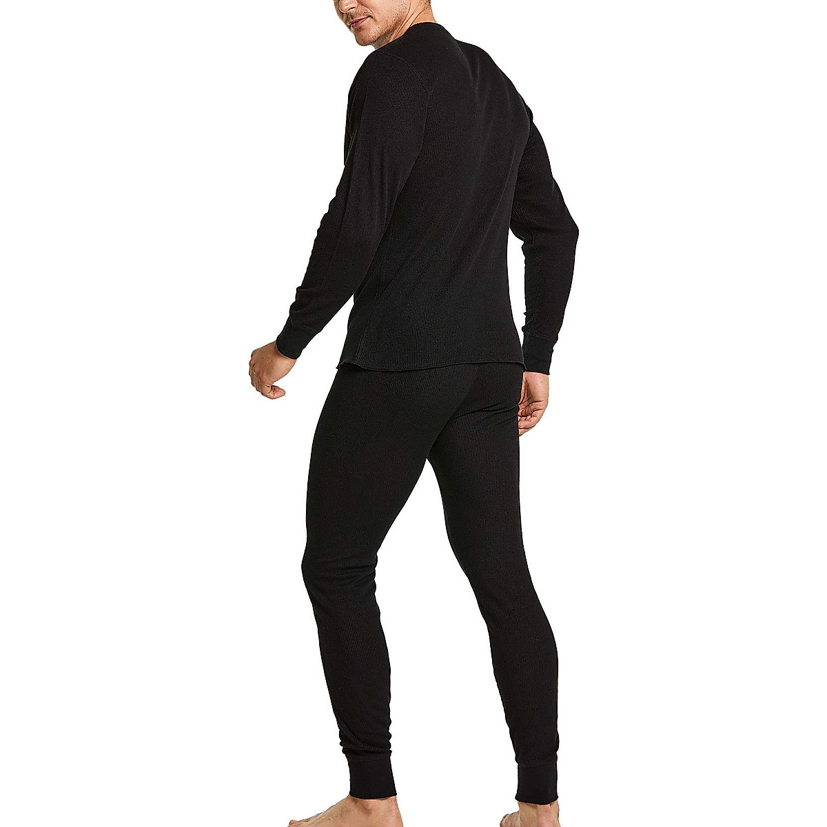 CQR Men's Thermal Underwear Set, Midweight Waffle Knit Thermal Top and Bottom, Winter Cold Weather Long Johns with Fly, Outdoor Black, X-Large