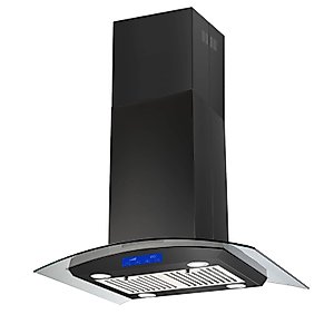 JOEAONZ 30 Inch Island Range Hood Black 700CFM Stainless Steel Convertible, Ceiling Mount Vent Hood with Tempered Glass, Kitchen Exhaust Fan, LED lights, LCD Touch Panel, Permanent Grease Filters