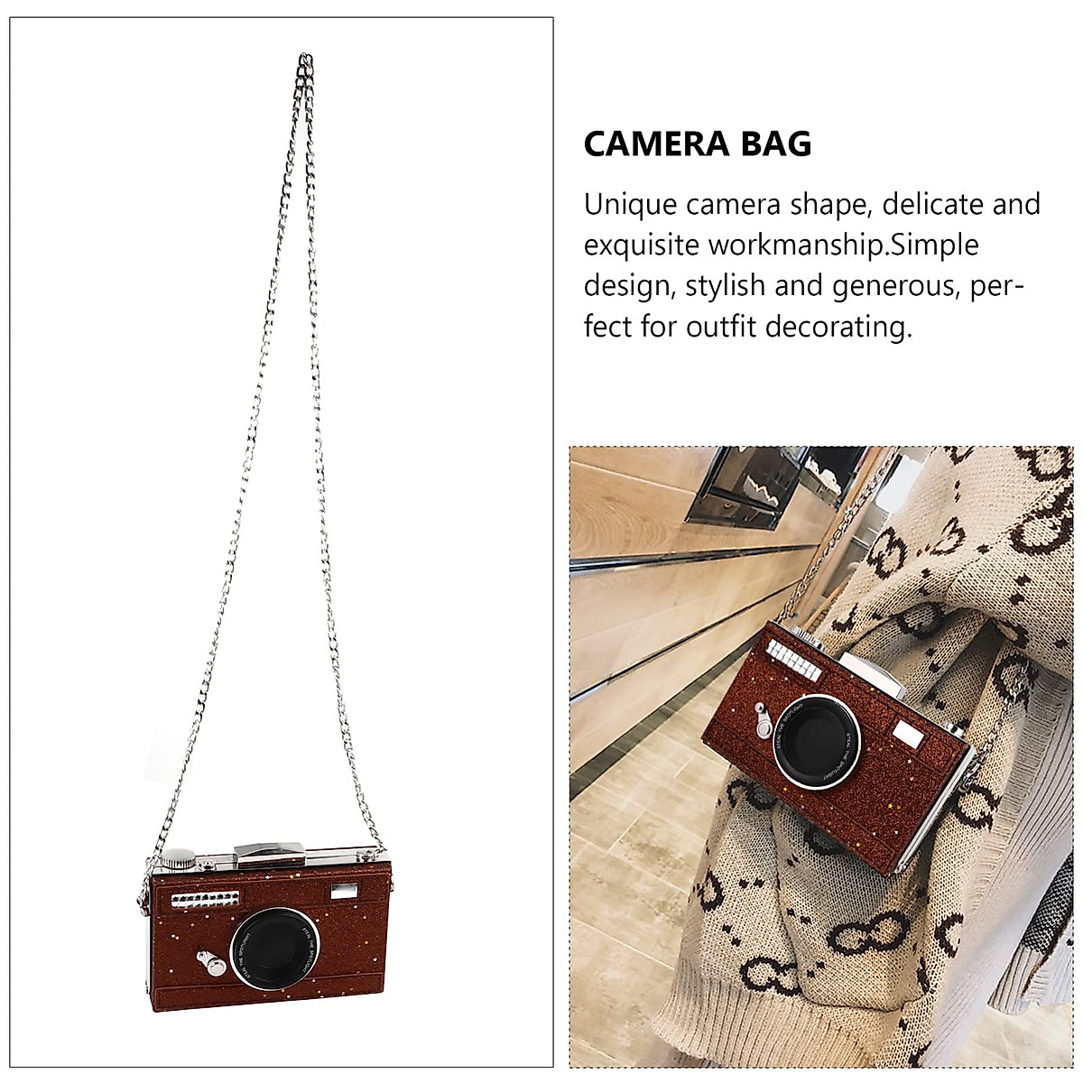 TENDYCOCO Camera Shaped Crossbody Bag Wide Shoulder Bag Square Bag Camera Bling Purse Unique Design for Daily Storage