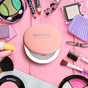 WOBANE LED Travel Makeup Mirror, 3.5 inch Lighted Compact Mirror, 10X Magnification, Handheld, Double Sided, Portable Folding Mirror for Pocket, Purse, Gift, Pink, Round