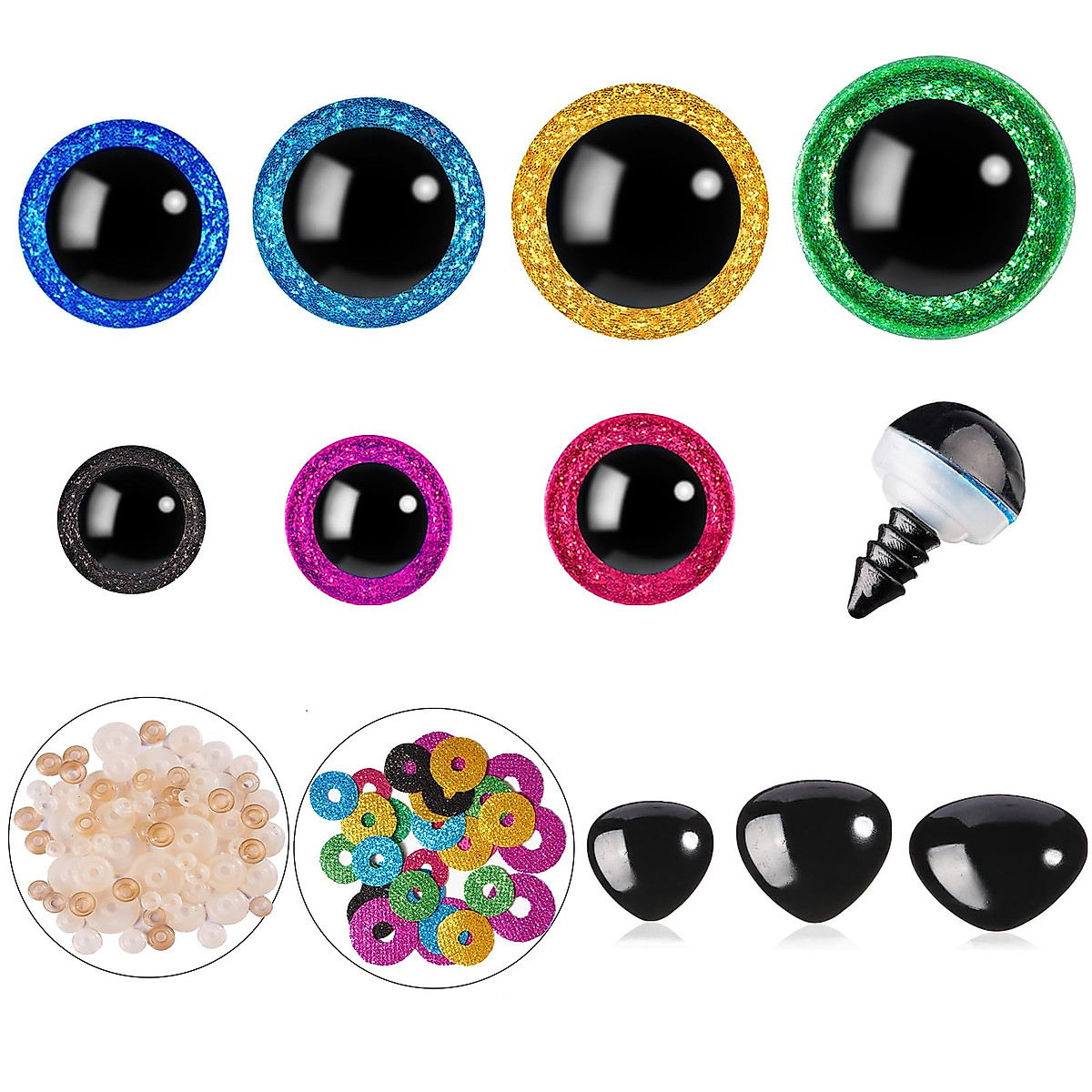 Ferenala 100Pcs 10-30mm Safety Eyes and Noses Large Plastic Craft Crochet Eyes Glitter Doll Eyes with Washers for Plush Animals Stuffed Animals DIY Puppet Bear Toy Doll Making Supplies (Multicolor)