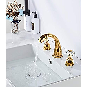 YUELIFE Bathroom Sink Faucet 3 Hole Deck Mounted Widespread Brass Bathroom Faucet Crystal Handle Mixer Tap,Gold(Ti-PVD)