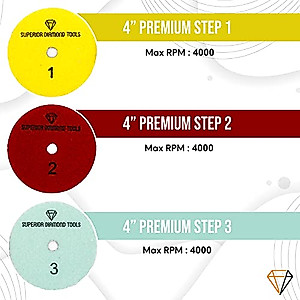 3 Step Diamond Polishing Pads - Use Wet or Dry - Polishing Pads for Granite Quartz Marble Concrete Terrazzo - High Temperature Resistance 3 Step Polishing Pads - Polishing Pad Set
