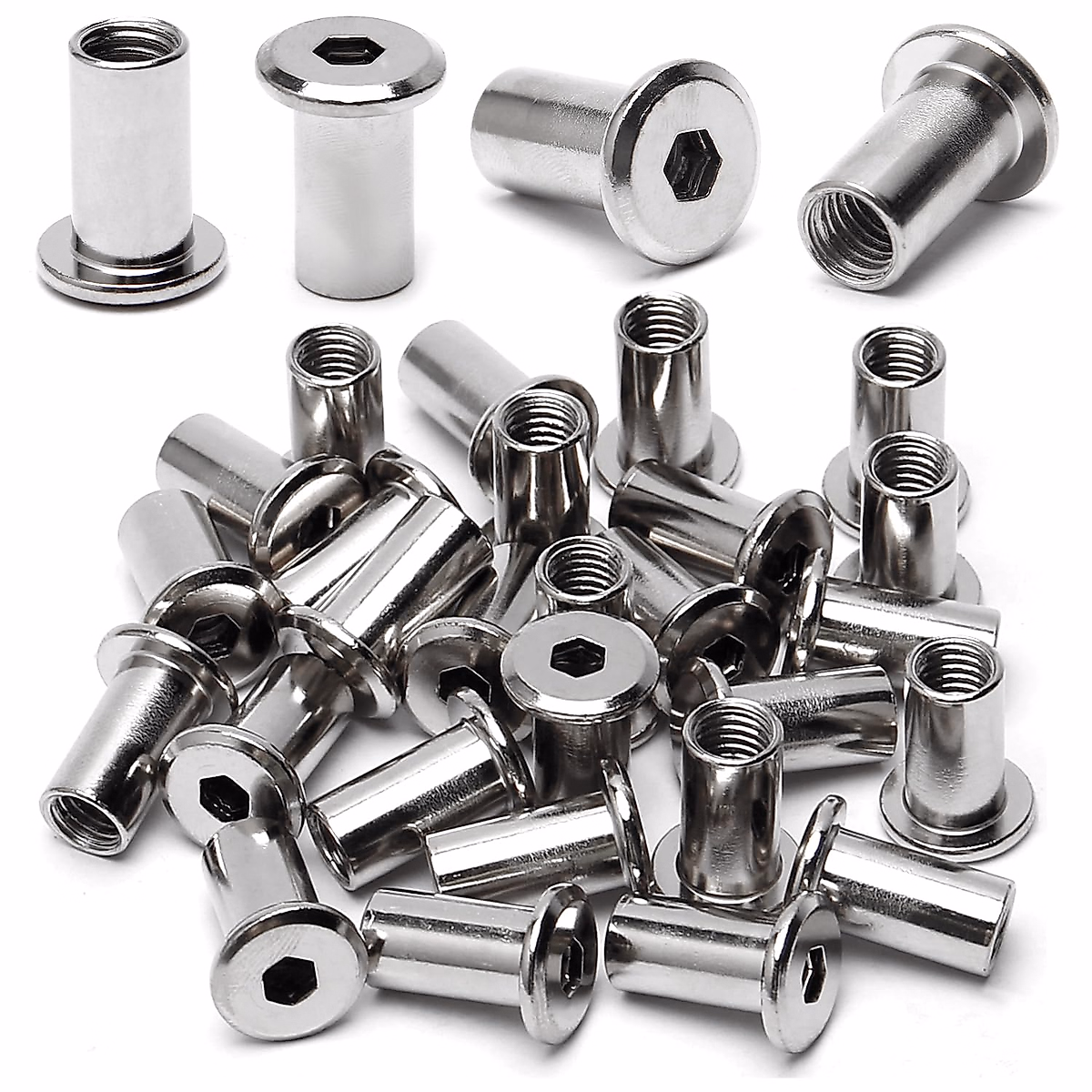 MroMax M8x18mm Nickel Plated Iron Insert Nut Rivet Hex Socket Head Nuts Screw Post Mounting for Furniture Installation Nickel Tone 30Pcs