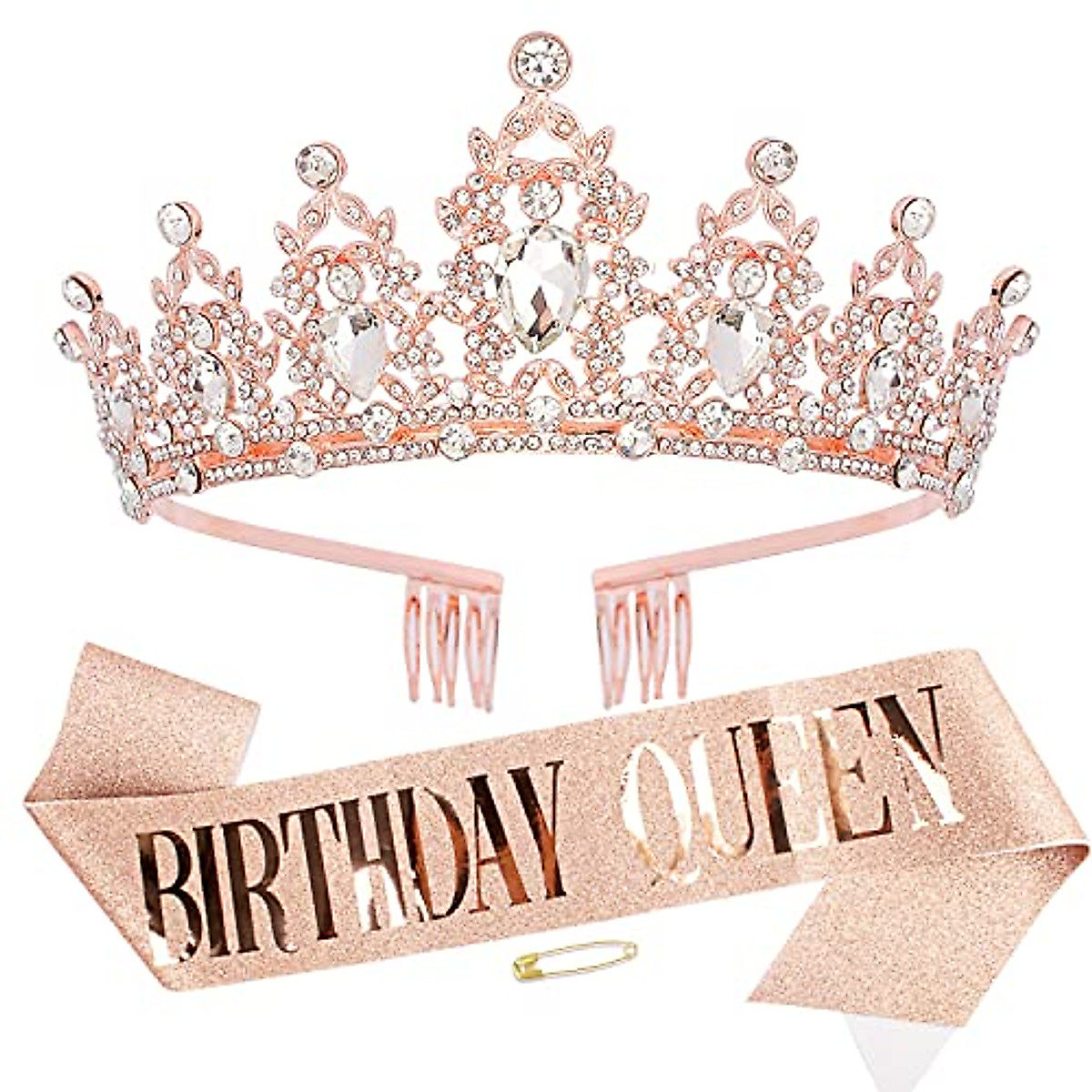 Birthday Queen Sash & Crystal Tiara Kit, Didder Rhinestones Crown Glitter Birthday Sash Birthday Crowns for Women Girls Birthday Tiaras for Women Hair Accessories for Prom Party Gift (Rose Gold)