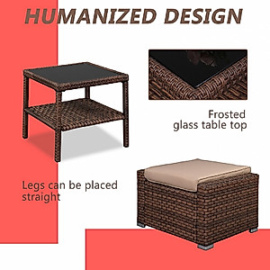 fuhan 5 PCS Outdoor Lounge Chair Chat Conversation Set - All-Weather PE Wicker Cushioned Patio Chairs Set of 2 with OttomansPillows & Double-Layer End Table, Brown, 74 x 67 x 76 cm