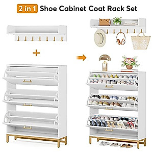 Tribesigns Shoe Cabinet, Shoe Storage Cabinet with Wall Mounted Coat Rack, Modern Shoes Organizer Cabinets with 3 Flip Drawers, White and Gold Shoe Cabinet for Entryway