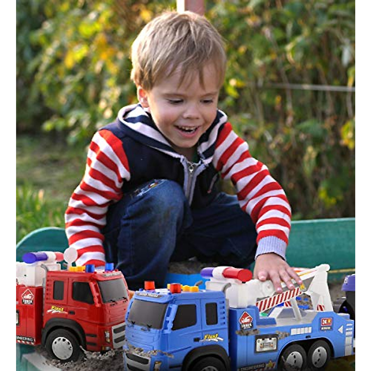 Mozlly Friction Powered Emergency Tow Truck Toys Set of 3 - Assorted Color Towing Trucks with Big Racing Monster Trucks & Bulldozer, Interactive Sound & Light - 3 Pack