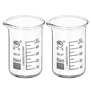 PATIKIL 50ml Tall Form Glass Beaker, 2 Pack 3.3 Borosilicate Glass Graduated Printed Scale Measuring Cups with Spout for Kitchen Lab Liquids Transit Boiling