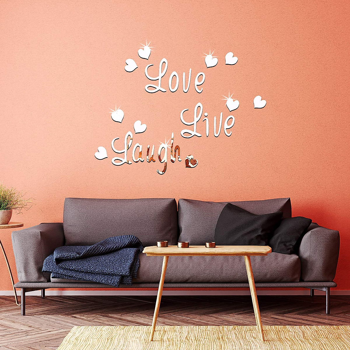 Love Live Laugh Wall Stickers Decals Silver Heart Mirror Wall Decor for Bedroom Living Room DIY Decoration