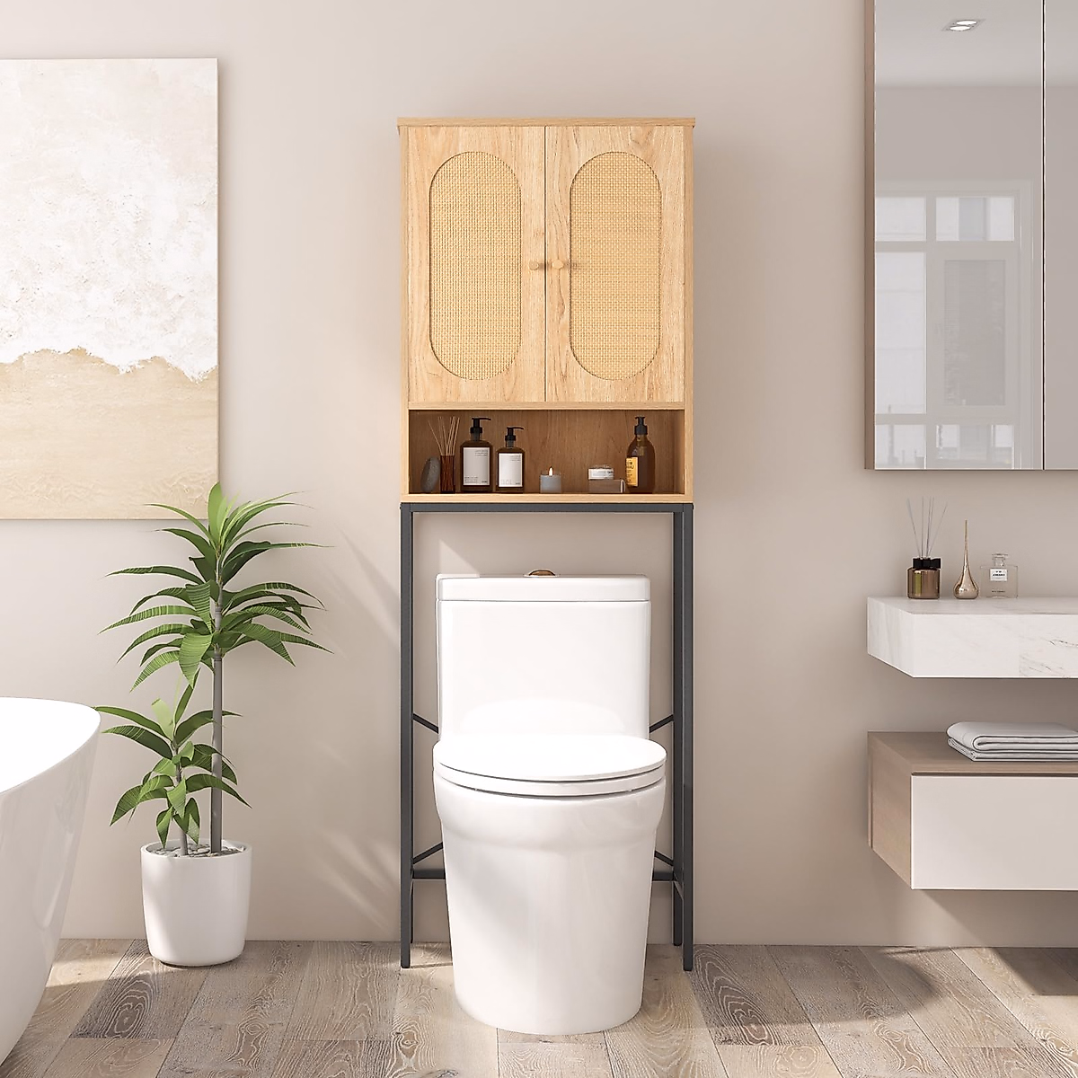 Giantex Over The Toilet Storage Cabinet - 69" Over Toilet Bathroom Organizer with Rattan Doors, 5 Compartments & Adjustable Foot Pads, Farmhouse Space Saver Storage Rack for Restroom, Laundry Room