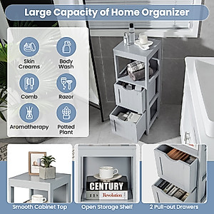 Tangkula Bathroom Floor Cabinet, Multifunctional Storage Cabinet with 2 Removable Drawers & Open Shelf, Tower Storage Cabinet with Anti-Tilt Design for Bathroom Living Room (Grey)