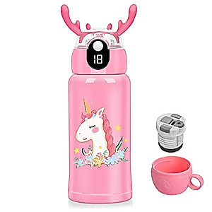 Temperature Display Kids Water Bottle，18 Oz，Straw Lid，Vacuum Insulated，316 Stainless Steel，Modern Double Walled Thermo Mug，Pink