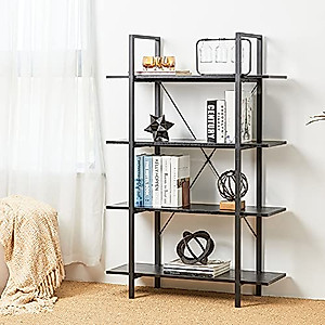 glitzhome Wooden Industrial Bookcase 4 Shelf Bookshelf Rustic Open Shelf Vintage Wood and Metal Etagere Bookcase Black Heavy Duty Bookshelf Low Office Display Bookshelves Short Farmhouse Shelves