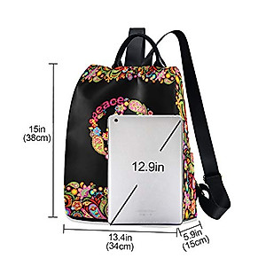 ALAZA Hippie Peace Sign Floral Backpack Purse for Women Anti Theft Fashion Back Pack Shoulder Bag