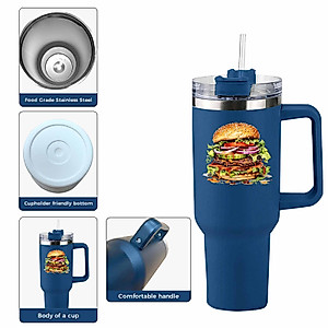 40 Oz Insulated Tumbler with Handle and Straw,Classical Beef Burgers Stainless Steel Vacuum Insulated Travel Mug,Leak-proof Water Bottle Iced Coffee Cup,Western Cuisine Vegetable