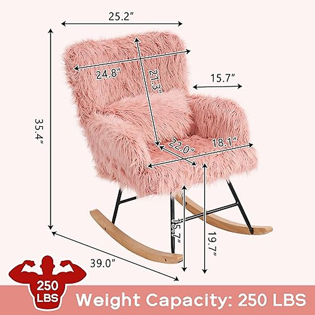 NIOIIKIT Nursery Rocking Chair, Faux Fur Upholstered Glider Rocker with Lumbar Pillow, High Backrest Rocking Accent Chair, Comfy Armchair for Living Room, Bedroom, Office (Pink)