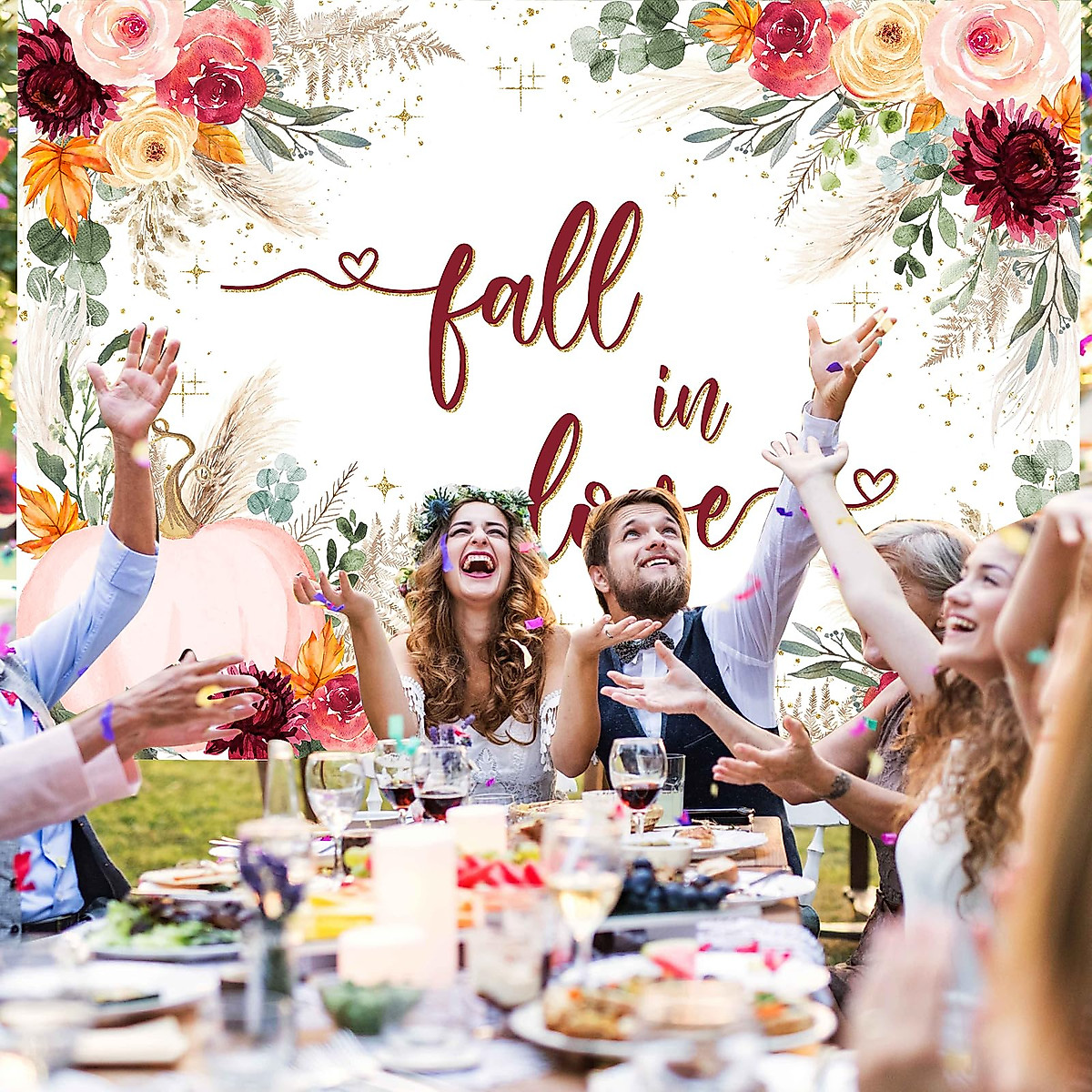 Mocsicka Fall in Love Bridal Shower Backdrop Burgundy Pink Pumpkin Bridal Shower Background Boho Autumn Bridal Shower Party Decorations Banner Photo Studio Props (7x5ft)