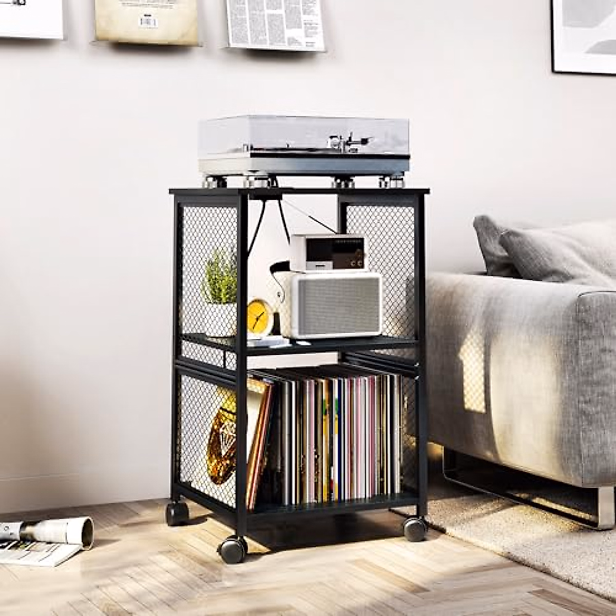 TC-HOMENY Vinyl Record Storage Table, 3-Tier Record Player Stand with 3 Quick-Release Divider Up to 200 Albums, Fashion Turntable Stand for Bedroom Living Room and Office
