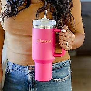 Princess 40 Oz Tumbler with Handle and Straw - Insulated Stainless Steel Water Bottle Fits in Car Cup Holder - Double Walled Water Bottles with Lid - Princess Gifts - Gifts for Girls