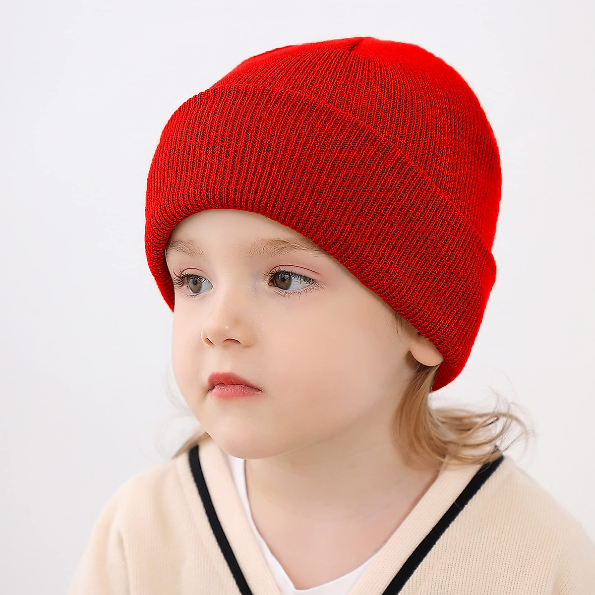 DOOVID Toddler Beanie Kids Warm Knit Beanie Hat Baby Boys Girls Knit Caps Classic Autumn Winter Hats Red