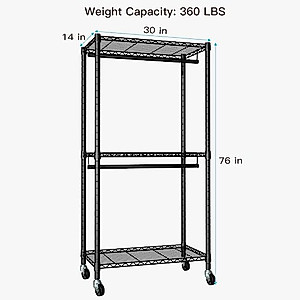 FUTASSI Portable Closets, Heavy-Duty Garment Rack with Shelves and Hanger Rods, Rolling Freestanding Wardrobe System, Clothes Organizers and Storage with 2 Lockable Casters, 30"W x 14"D x 76"H, Black